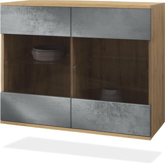 Vladon Kommode Bari V3, Moderner K&uuml;chenschrank mit 2 gro&szlig;en Glast&uuml;ren Eiche Evoke/Beton Dunkel Optik (92,5 x 73.5 x 35)