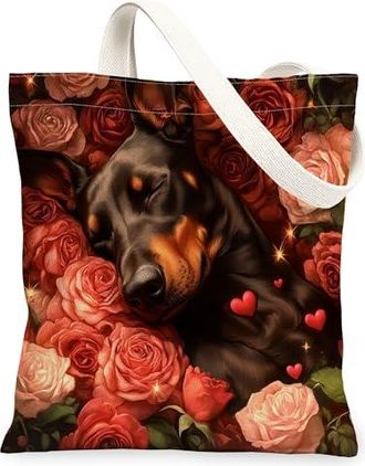 Generic Doberman Sac fourre-tout en toile pour faire du shopping 33 x 38,1 cm, sac d&eacute;picerie r&eacute;utilisable pour la Saint-Valentin, motif roses romantiques, sac