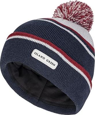 Island Green IGHAT2135 Bonnet à pompon tricoté pour hommes avec bande intérieure douce, Bleu marine/gris clair/rouge foncé, Taille unique