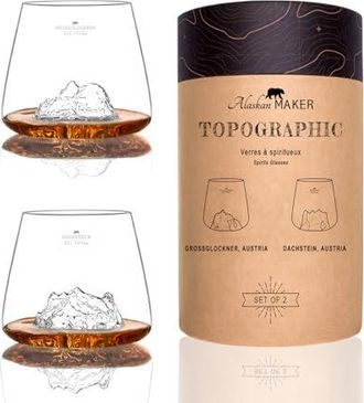Alaskan Maker Verres &agrave; Whisky 350ml (lot de 2) - Borosilicate de qualit&eacute; sup&eacute;rieure, souffl&eacute; artisanalement avec les montagnes en relief | Forme Tulipe | Spiritueux