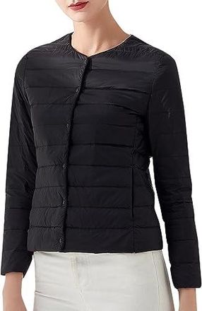 Generic Vestes pour femmes 2026 couleur unie &eacute;l&eacute;gante col rond mince blanc sans col court coupe ajust&eacute;e doublure manches longues chaude, Noir, XXL