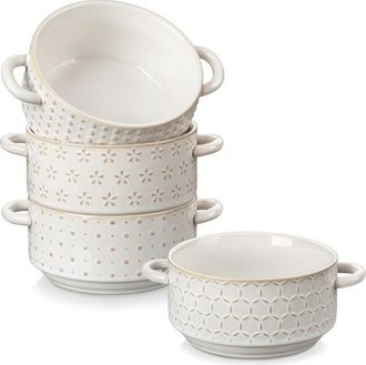Malacasa S&eacute;rie LYDIA, Lot de 4 Bols &agrave; Soupe en C&eacute;ramique de avec Poign&eacute;es, 590 ml Mini Cocottes, Motifs Uniques en Relief, Passent au Four et au Micro-ondes, p