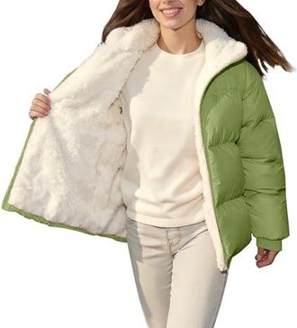 Generic Long manteau bouffant pour femme avec doublure en polaire - Veste dhiver courte avec col à revers moelleux - Veste en duvet rembourrée hydrofuge - Par