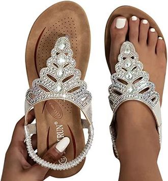 Generic Sandales plates pour femme - Style bohème - Strass - Sandales glamour - Sangle élastique à la cheville - Style bohème - Chaussures plates tendance pou