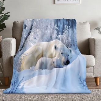 Generic Kuscheldecken 220 X 240 cm Weich Decke,Flanelldecke Wei&szlig; Blau Mikrofaser Kuscheldecke, Sofadecke F&uuml;r Kinder Tiere Eisb&auml;r Wald Decken 3D-Digitaldruck D