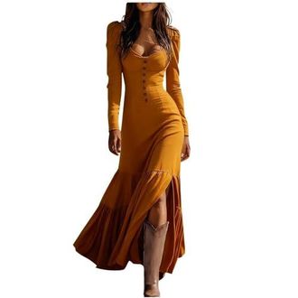 Generic Robe de cowgirl occidentale pour femme, manches longues, col en V, boutons, robe maxi vintage, fente lat&eacute;rale, style boh&egrave;me, robe trap&egrave;ze fluide, marr