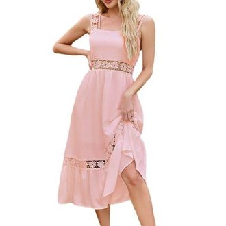 Generic Robe d&eacute;t&eacute; sans manches pour femme, style boh&egrave;me, d&eacute;contract&eacute;e, &agrave; col carr&eacute;, smock&eacute;, &agrave; motif floral, robe d&eacute;t&eacute;, robe de plage, vacances, robe baggy pou