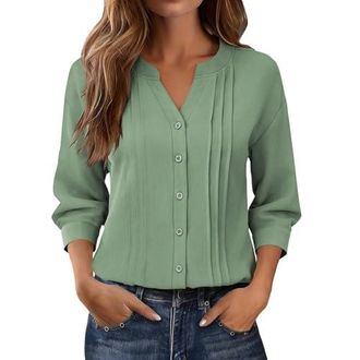 Generic Haut &agrave; manches longues pour femme - D&eacute;contract&eacute; - Col en V - Chemise pliss&eacute;e boutonn&eacute;e - Tenue dautomne quotidienne, Vert, XXL