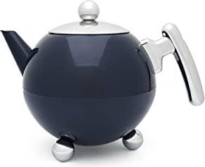 Bredemeijer große Blaue bauchige doppelwandige Edelstahl Teekanne 1.2 Liter - isolierende Kanne für Tee - längerer Warmer Teegenuss