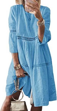 Minetom Robe de Soirée Femme Chic Dentelle à Fleurs Broderie Manche 3/4 Robes Cocktail Élégant Col Rond Grande Taille Dress Bleu 40