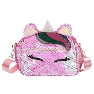 Valiclud 1 STÜCK Nette Mini Einhorn Geformte Pailletten Ohr Handtaschen Mädchen Casual Kette Messenger Crossbody Geldbörse Umhängetasche (Weiß Anti- rosa) Styl