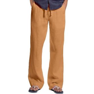 Generic Pantalon long en lin et coton pour homme - Pantalon de loisirs léger - Coupe ample - Avec cordon de serrage - Pantalon de plage décontracté - Couleur 