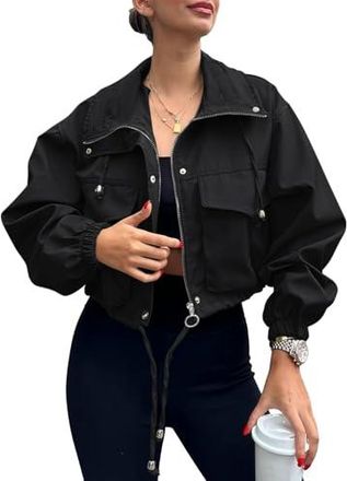 Onsoyours Veste Femme Ete Blouson Bomber Court Décontracté Manches Longues Zippé Jacket Léger Veste A Noir XL