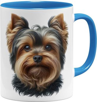 OM3 süße Kaffee-Tasse mit Hundemotiv - Yorkshire Terrier - Yorkie - Hund | Keramik Becher | 325ml | Beidseitig Bedruckt | Hellblau