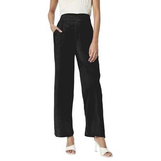 Generic Pantalon large en coton et lin pour femme - Jambe droite - Taille haute - &Eacute;lastique - Avec poches - Couleur unie - Confortable - Coupe ample - Pantalo