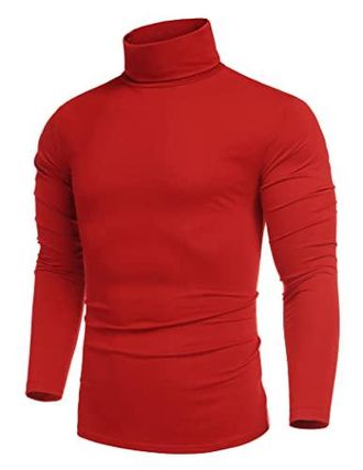 Coofandy Pull Homme Col Roul&eacute; Tops T-Shirt &agrave; Col Roul&eacute; Pullover Sweater Hiver Slim Fit Pull &agrave; Manches Longues Couleur Unie Basique Pulls Chauds Rouge L