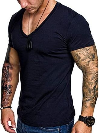 ORANDESIGNE T-Shirt Col V Profond pour Homme Fitness T-Shirt Slim Fit Basic de Couleur Unie Athlétique Court Manche Musculation Faire des Exercices Aptitude Hauts