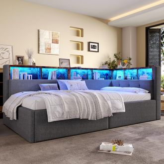 Suky Brand Tagesbett, Daybett, Schlafsofa, 90x200 cm, USB + Typ-C-Anschl&uuml;sse, hydraulische Aufbewahrungsfunktion, mehrere Stauf&auml;cher, mit mehrfarbiger LED-Streif