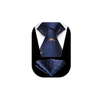 Hisdern Cravates Homme Motif Animal Bleu Marine Cravate Mariage Affaires Kangourou Originale Poche Carr&eacute; Ensemble &Eacute;l&eacute;gant pour F&ecirc;te