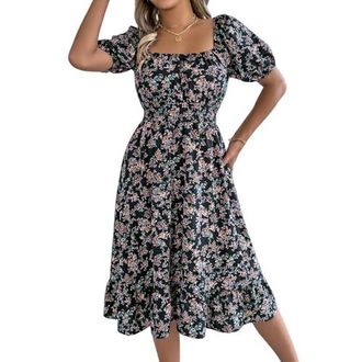 Generic Robe d&eacute;t&eacute; florale boh&egrave;me &agrave; manches courtes bouffantes &agrave; nouer sur le devant pour femme, Noir, XL
