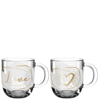 Leonardo Leonardo Presente Geschenk-Tassen 2er Set mit Schriftzug Herz & Love, sp&uuml;lmaschinengeeignete Glas-Tassen, Tee-Tassen mit goldenem Schriftzug und Motiv