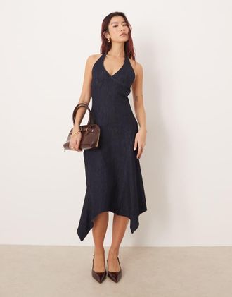 Motel Comari - Robe mi-longue en chambray &agrave; dos nu - Indigo-Bleu
