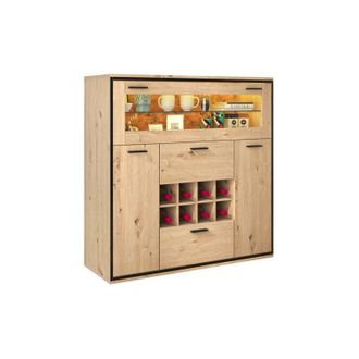 Liberte Buffet, cave &agrave; vin &eacute;l&eacute;gante avec portes doubles, &eacute;tag&egrave;re en verre et porte-bouteilles, en bois