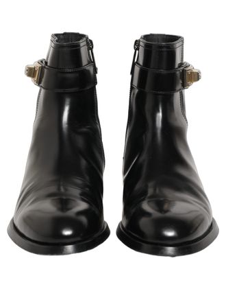 Dolce & Gabbana Mens Black Leather Logo Buckle Mid Calf Boots Shoes