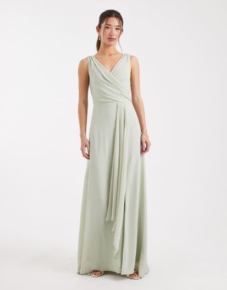 Tfnc Robe cache-coeur longue en mousseline drap&eacute;e pour demoiselle dhonneur - Vert sauge