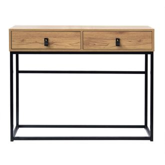 Calicosy Konsolentisch 2 Schubladen - Eichenholzoptik mit Maserung - Spanplatten - Struktur und F&uuml;&szlig;e aus Metall - Griffe in Lederoptik - Modern & praktisch - B