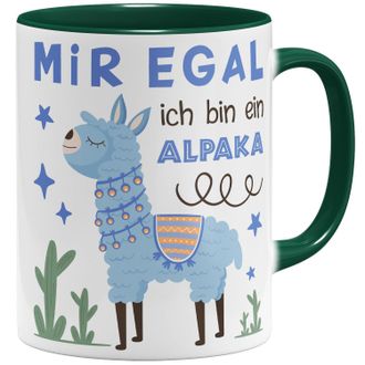 OM3 Mir egal ich bin ein Alpaka Kaffee-Tasse mit Spruch - Spruchtasse Lama-Motiv - Statement - Keramik Becher - 325ml - Beidseitig Bedruckt - Gr&uuml;n