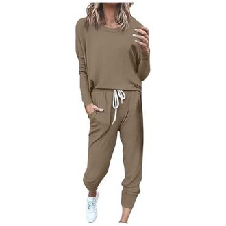 Generic Surv&ecirc;tement deux pi&egrave;ces pour femme en lin d&eacute;contract&eacute; &agrave; col rond et manches 3/4, pantalon &agrave; jambe large avec poches, v&ecirc;tement de d&eacute;tente pour femme, p