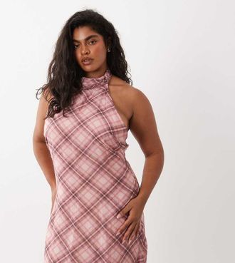 Asos Curve ASOS DESIGN Curve - Hochgeschlossenes Neckholder-Maxikleid aus Chiffon in Rosa kariert