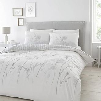 Catherine Lansfield Bedding Meadowsweet Floral Super King Duvet Cover Set with Pillowcases White Grey