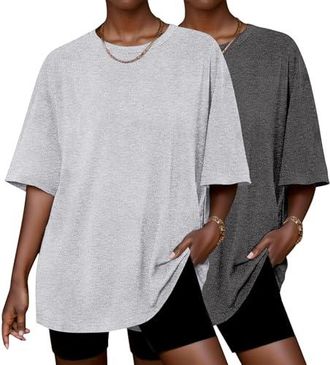 Ekouaer Tee Shirt Femme 2 Pack Ample Surdimensionn&eacute; T Shirt &agrave; Manches Courtes Basique Haut Oversize Tshirt Col Rond, Gris Fonc&eacute; + Gris Clair M