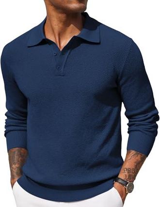 Coofandy Polo Jumper Hommes à Manches Longues Pull Maille Fine Sweatshirts Unis TricotéS Jumper Sweater Bleu foncé 3XL