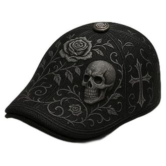 Generic Bonnet de b&eacute;ret tendance avec t&ecirc;te de mort, rose et croix, cadeau pour homme et femme, casquette plate en coton, noir, Taille Unique