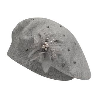 ZLYC B&eacute;ret fran&ccedil;ais r&eacute;versible en Cachemire de Couleur Unie pour Femme, Perle Fleur Gris, Taille Unique