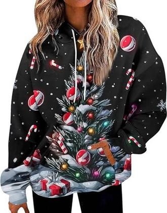 Generic Pull de Noël pour femme UK 2025 - Imprimé arbre de Noël amusant à paillettes - Pull de Noël moche à manches longues pour les vacances, cadeau de fête,