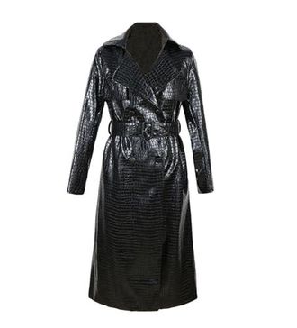 Generic Trench en cuir synth&eacute;tique noir brillant imprim&eacute; crocodile pour femme avec ceinture double boutonnage long &eacute;l&eacute;gant, Noir, XXL