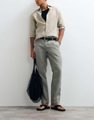 Mango Schmal zulaufende Hose aus 100% Leinen in Steingrau-Neutral