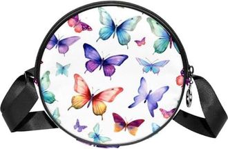 Generic Sac &agrave; bandouli&egrave;re rond pour femme, motif papillons aquarelle, petit sac &agrave; bandouli&egrave;re avec fermeture &eacute;clair, bretelles r&eacute;glables, sac &agrave; main rond d&eacute;co