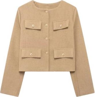 Generic Femmes Simple Boutonnage Texturé Col Rond Poche À Rabat Décorer Veste Courte Manteau Hauts khaki S