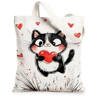 Generic Sac fourre-tout en toile motif chat mignon, adorable imprim&eacute; coeur, sac de courses r&eacute;utilisable, l&eacute;ger et lavable &agrave; bandouli&egrave;re pour les voyages, blan