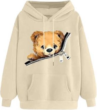 Generic Sweat &agrave; capuche d&eacute;contract&eacute; &agrave; manches longues avec capuche et poche Motif ours mignon pour femme, beige, XL