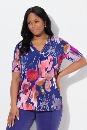 Ulla Popken T-Shirt Slinkyshirt Bl&uuml;ten V-Ausschnitt Zierfalte Halbarm