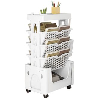 Generic Mobiler B&uuml;cherkoffer, 5-stufiges mobiles Regal Multifunktion | Raumtr&auml;gerwagen, gro&szlig;er Rollwagen mit Rollen f&uuml;r Wohnzimmer, Schultasche, Buchdreh-Desi