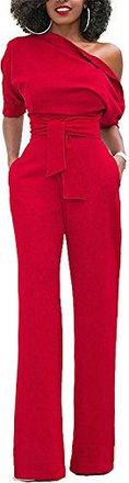 Minetom Femmes Chic Manches Courtes Une Épaule Combinaisons Solides Large Jambe Longue Pantalon Barboteuse Avec Ceinture (40, Rouge)