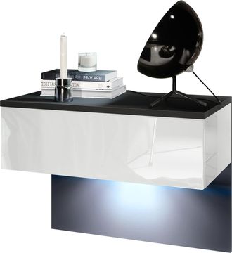 Vladon Nachttisch Sleep, Made in Germany, Nachttischschrank mit Schublade zur Wandmontage, Schwarz matt/Weiß Hochglanz, inkl. LED-Beleuchtung (60 x 46 x 35 c