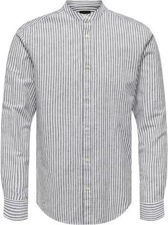 Only & Sons Chemise l&eacute;g&egrave;re en Lin &agrave; Manches Longues pour Homme &agrave; Coupe Slim - Haut ray&eacute; de Base, Couleurs:Bleu-fonc&eacute;, Taille:L